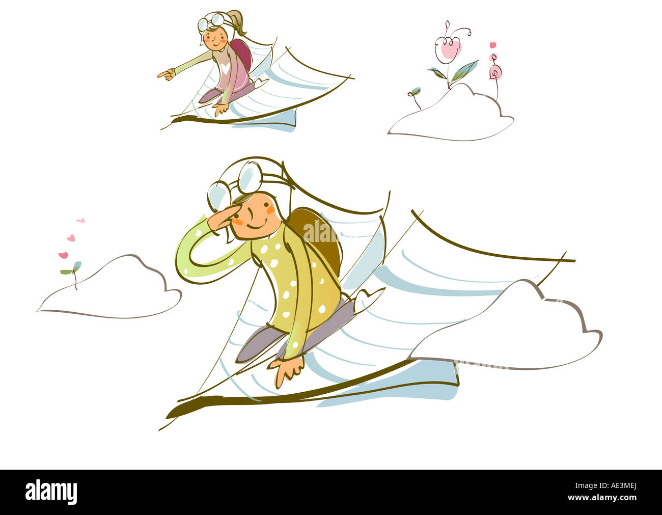 Two women flying on paper airplanes Stock Photo - Alamy