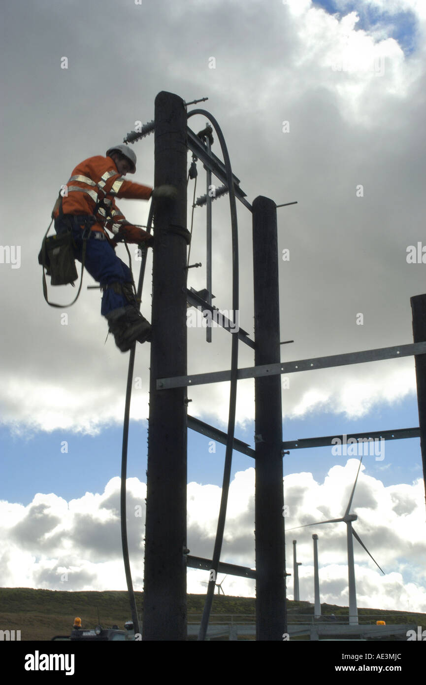 Engineer constructing wireing up a tranformer at electricty sub station ...