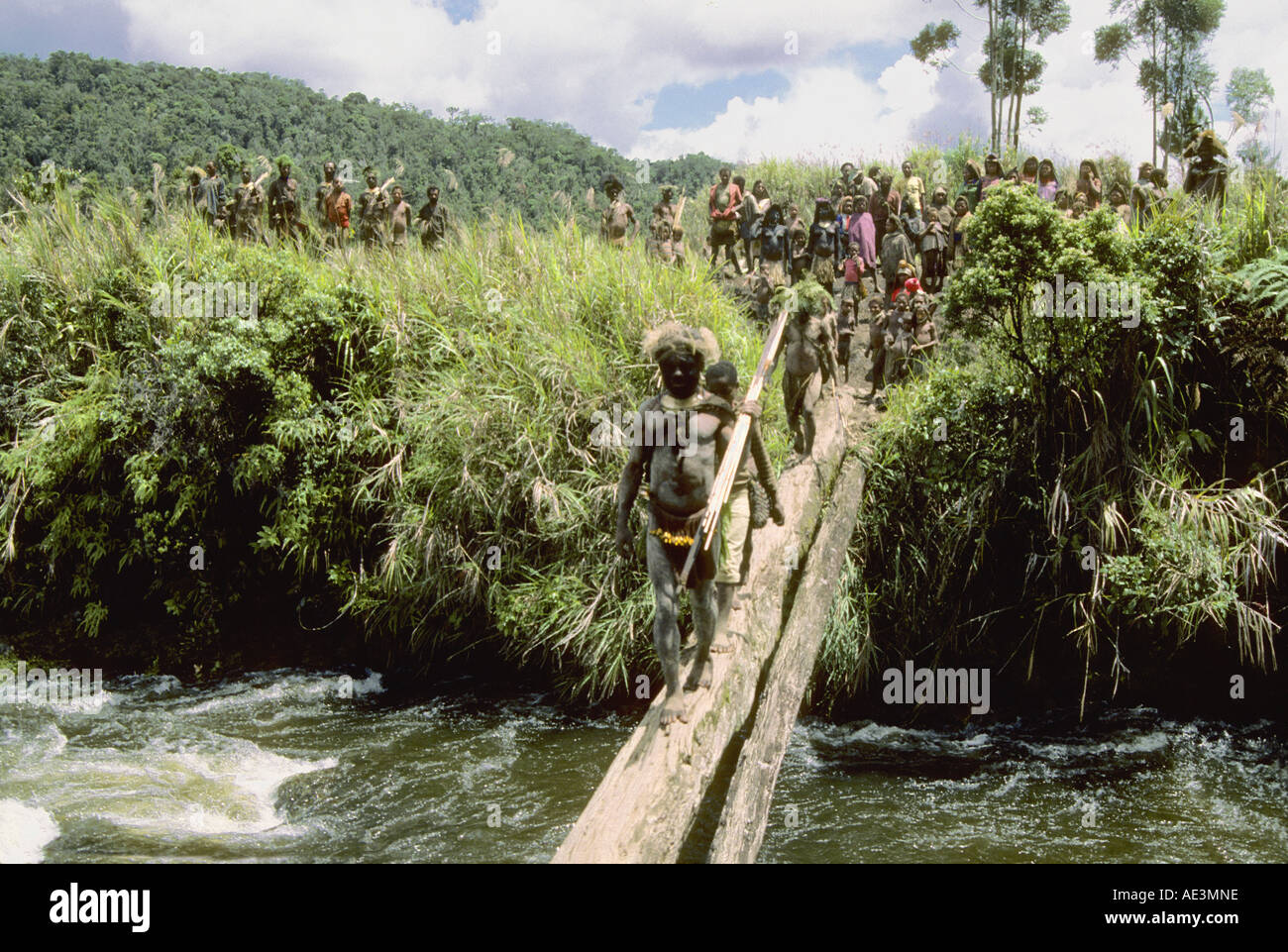 Crossing log bridge Western Highlands Papua New Guinea Stock Photo - Alamy