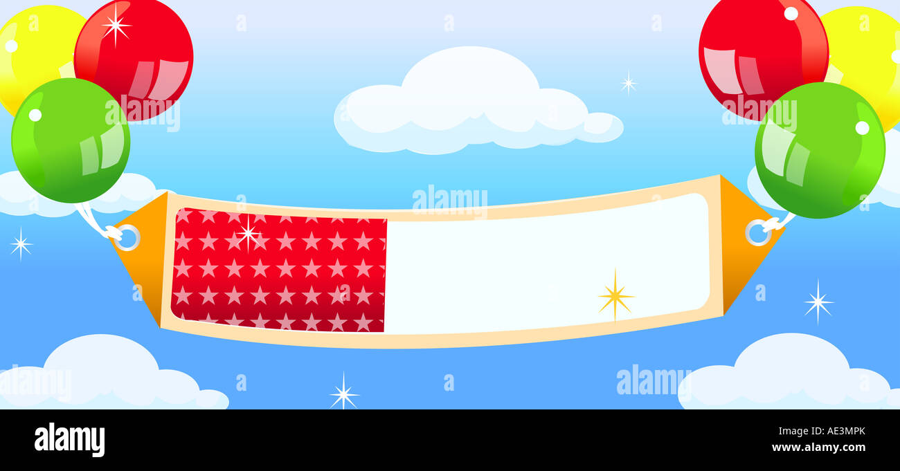 Banner hanging with balloons Stock Photo - Alamy
