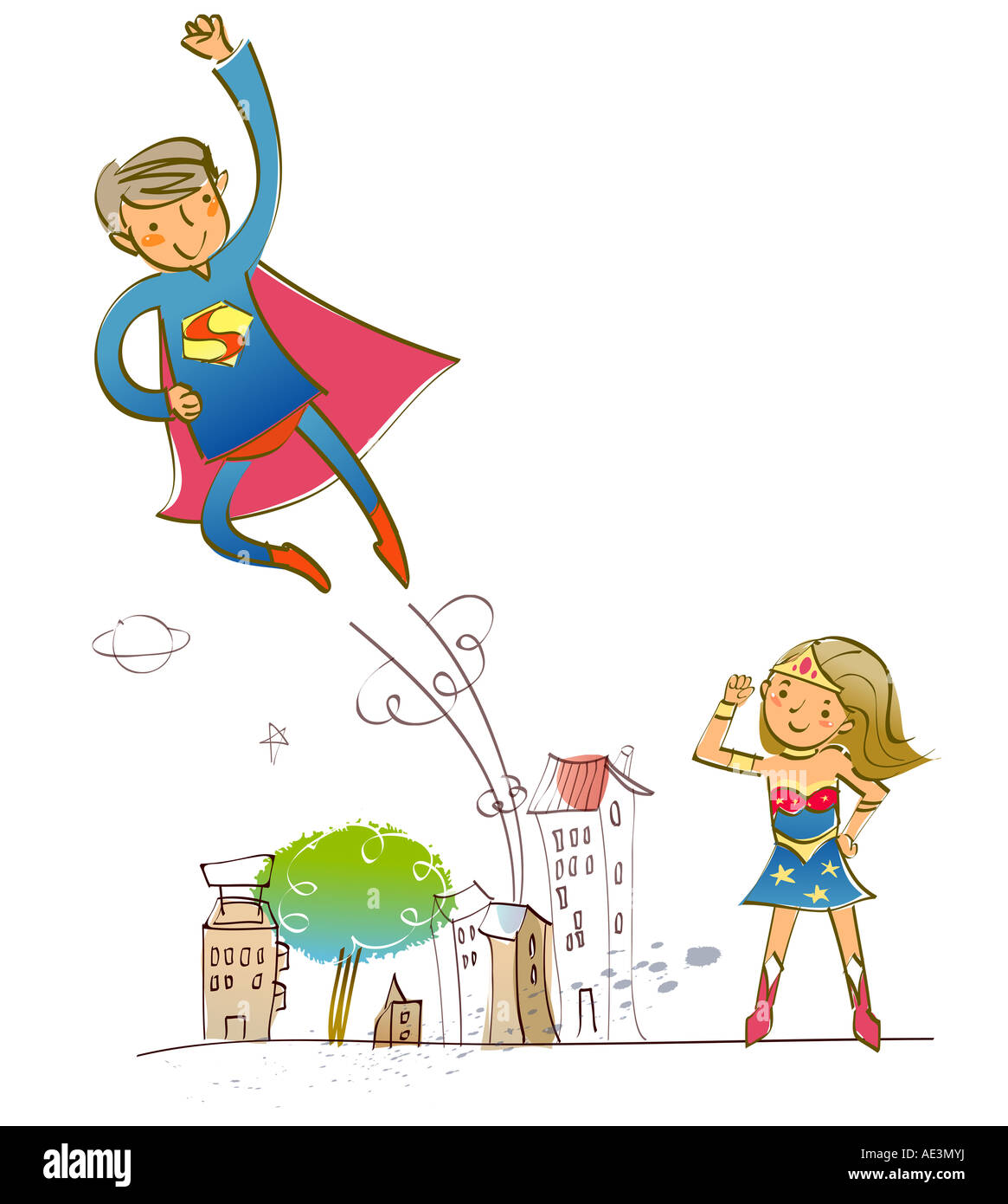 Superhero flying over buildings Stock Photo - Alamy