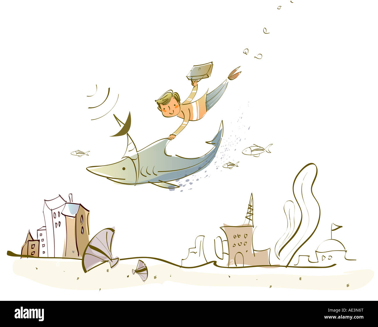 Man flying with a fish over buildings Stock Photo - Alamy