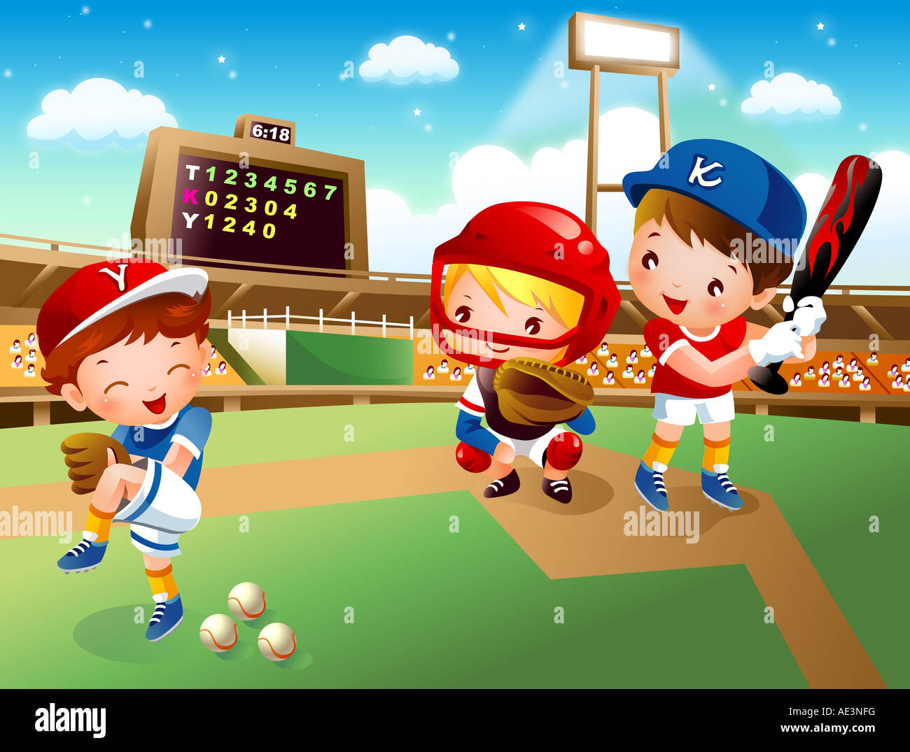 Three baseball players playing baseball Stock Photo - Alamy