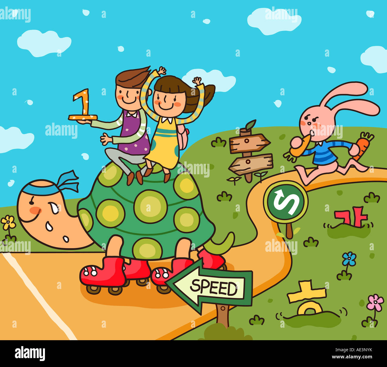 Boy and a girl sitting on a tortoise Stock Photo - Alamy