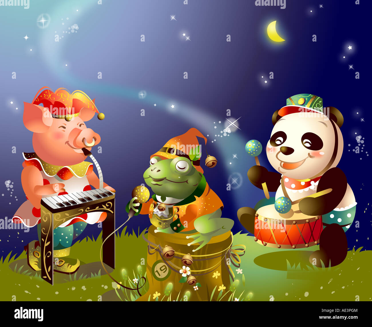 Panda and a pig with a frog playing musical instruments Stock Photo - Alamy