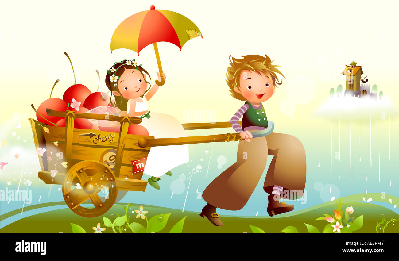 Girl sitting on a cart and a boy pulling it Stock Photo - Alamy