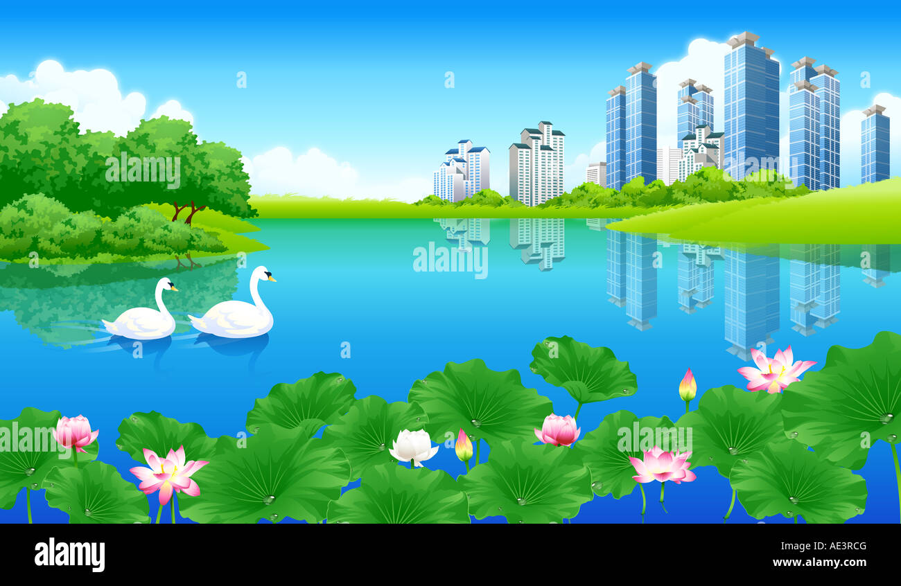 Reflection of buildings in a pond Stock Photo - Alamy