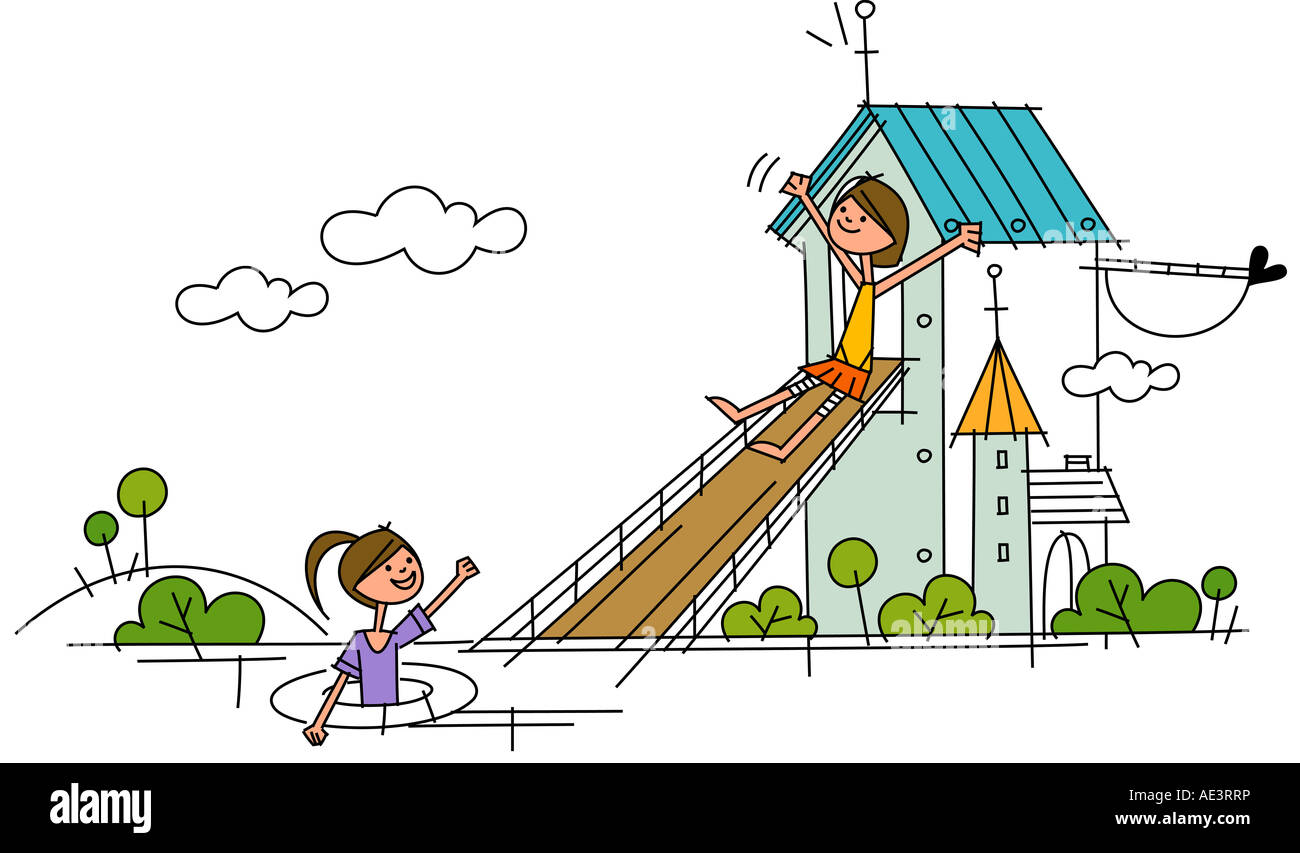 Woman sliding down a slide with another woman smiling with her hand ...