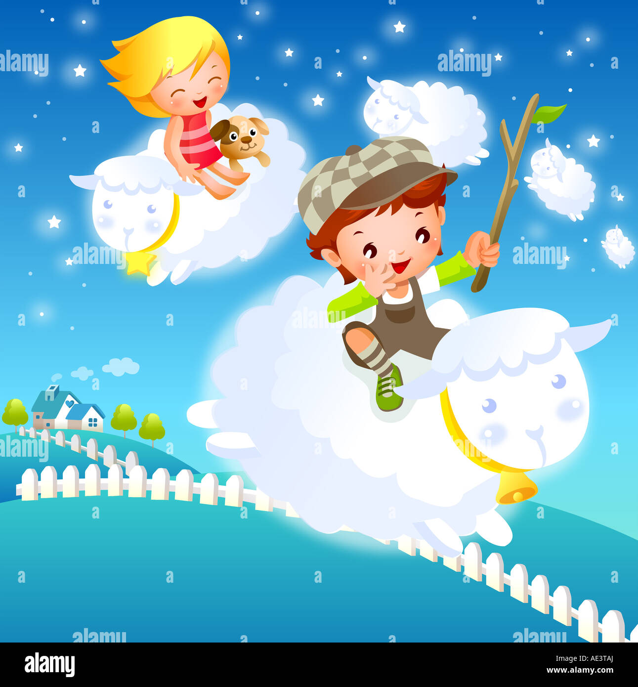Boy and a girl riding sheep in the sky Stock Photo - Alamy