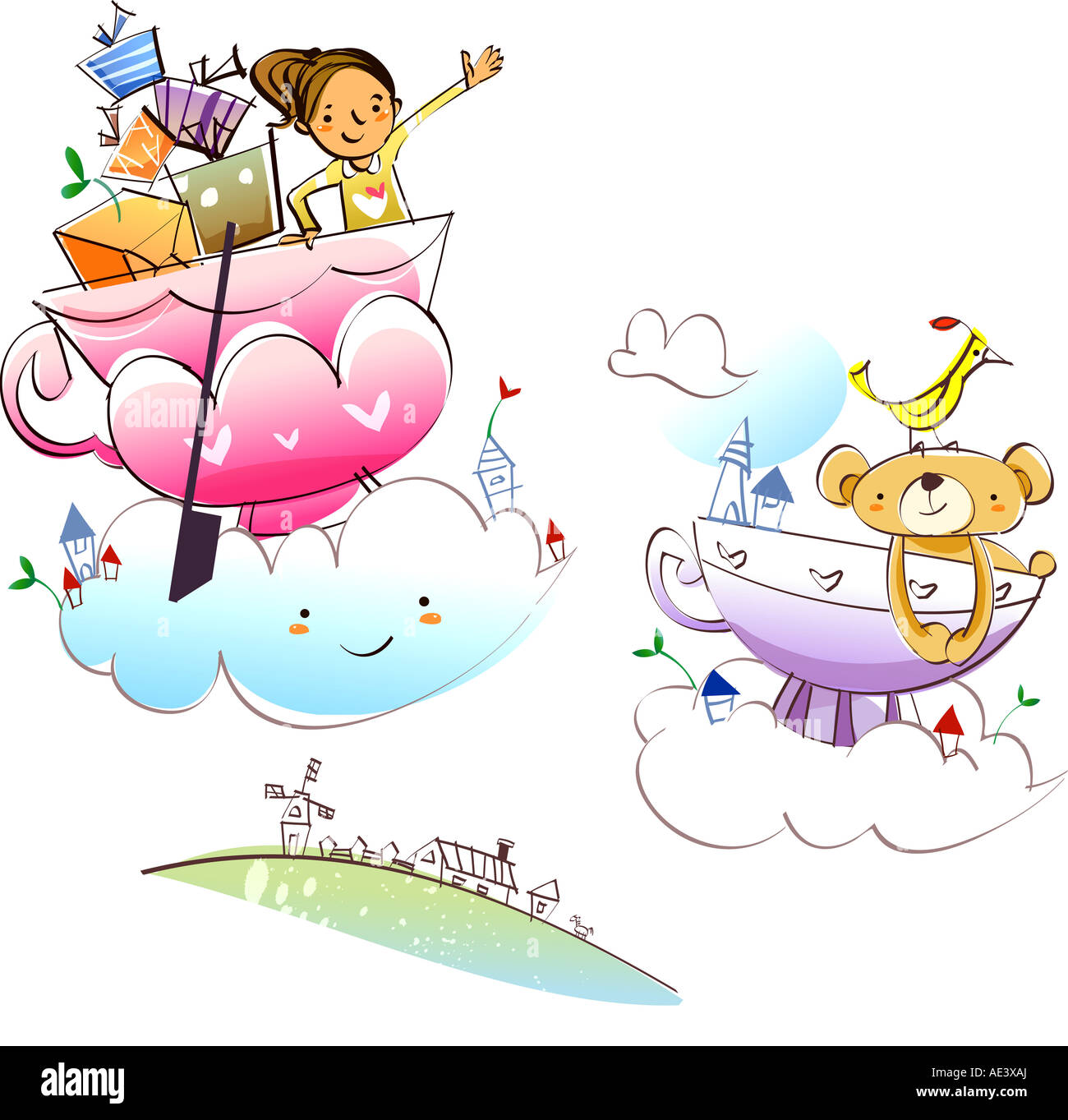 Woman flying with gifts in a cup Stock Photo - Alamy