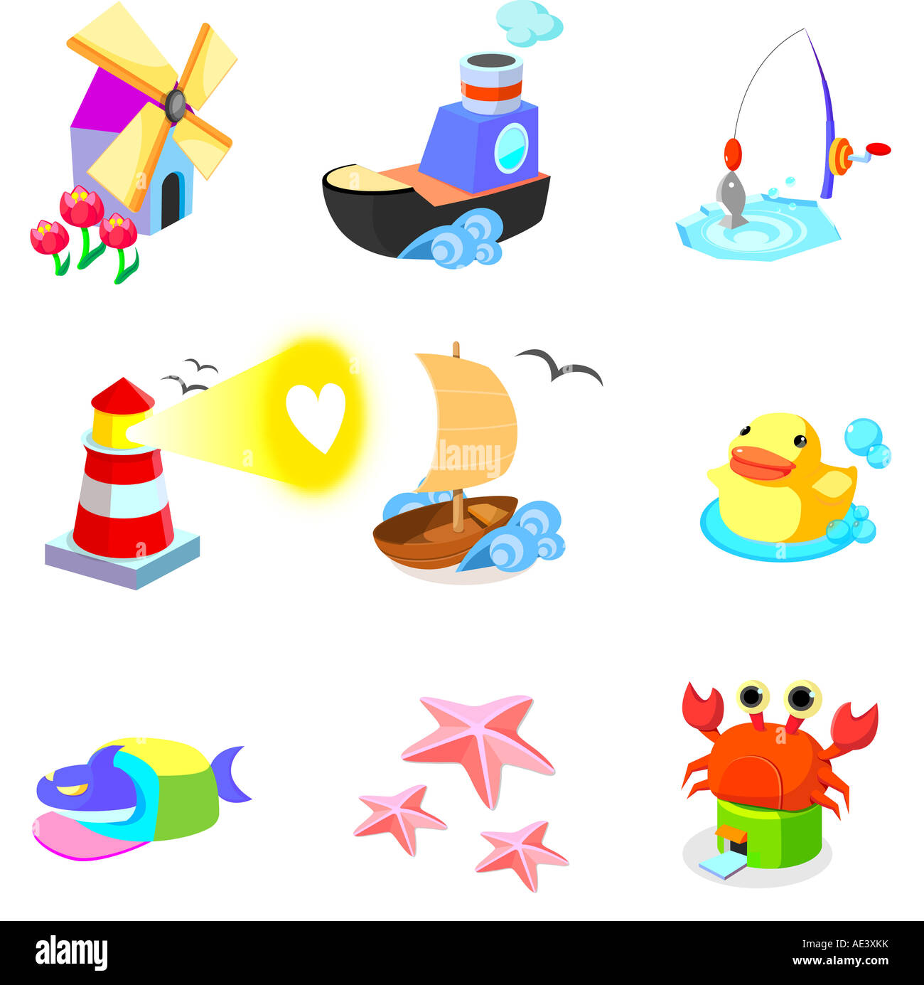 Various animals with boats on a white background Stock Photo - Alamy