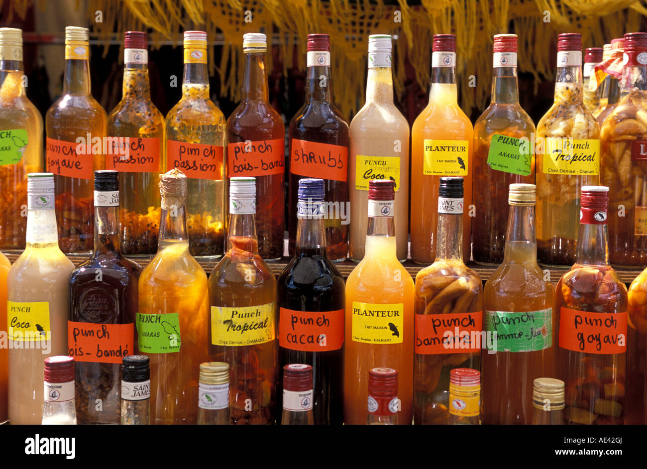 Bottles of local rum drinks at Le Diamant village, Martinique, West ...