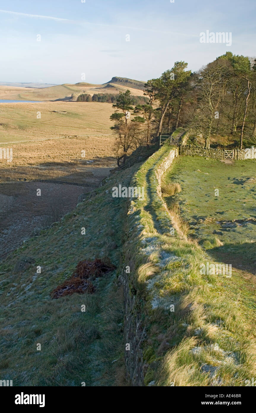 Looking east from wall of Milecastle 37 to Sewingshields Crag and ...