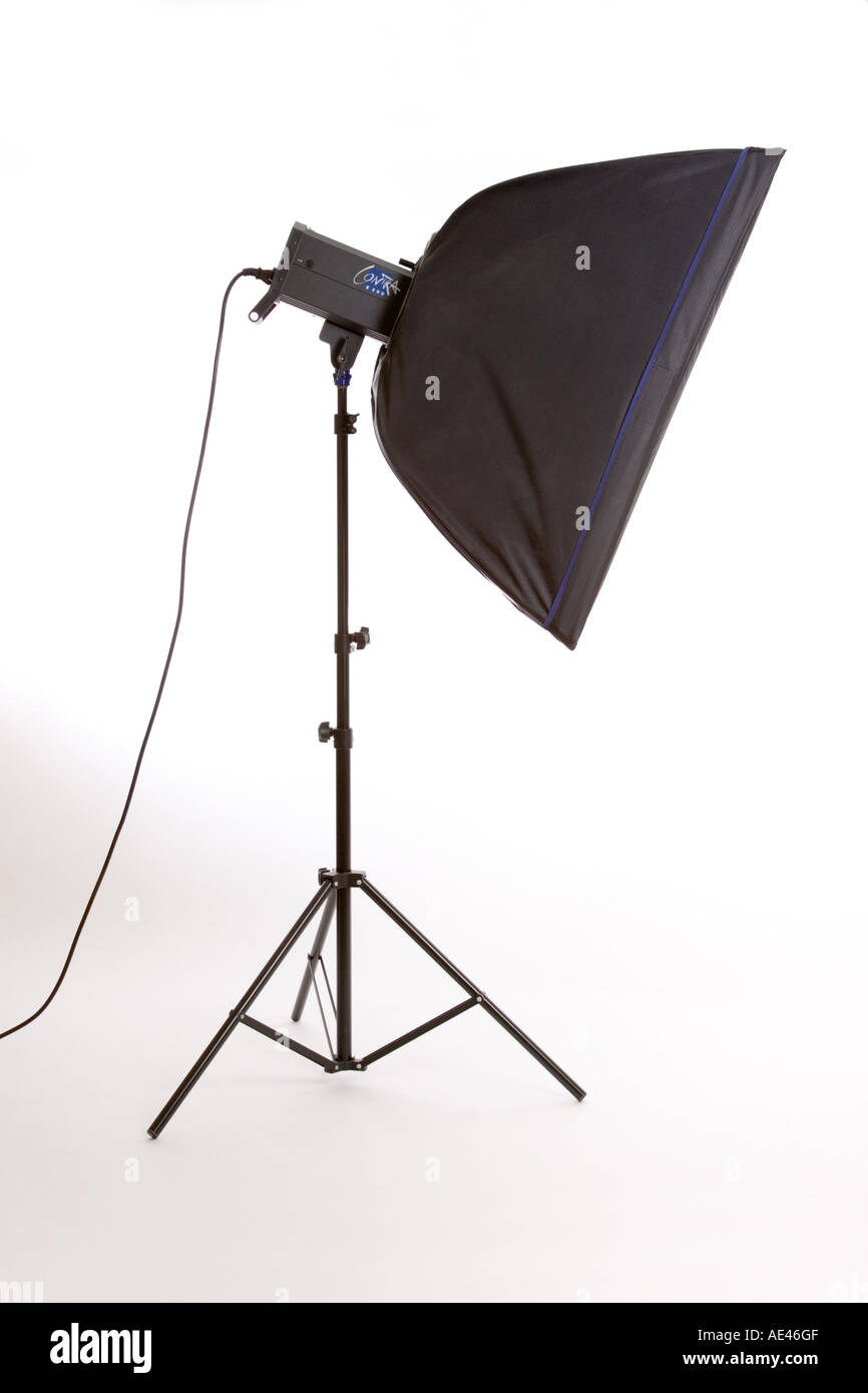 A photographic studio flash lighting head and soft box diffuser Stock ...
