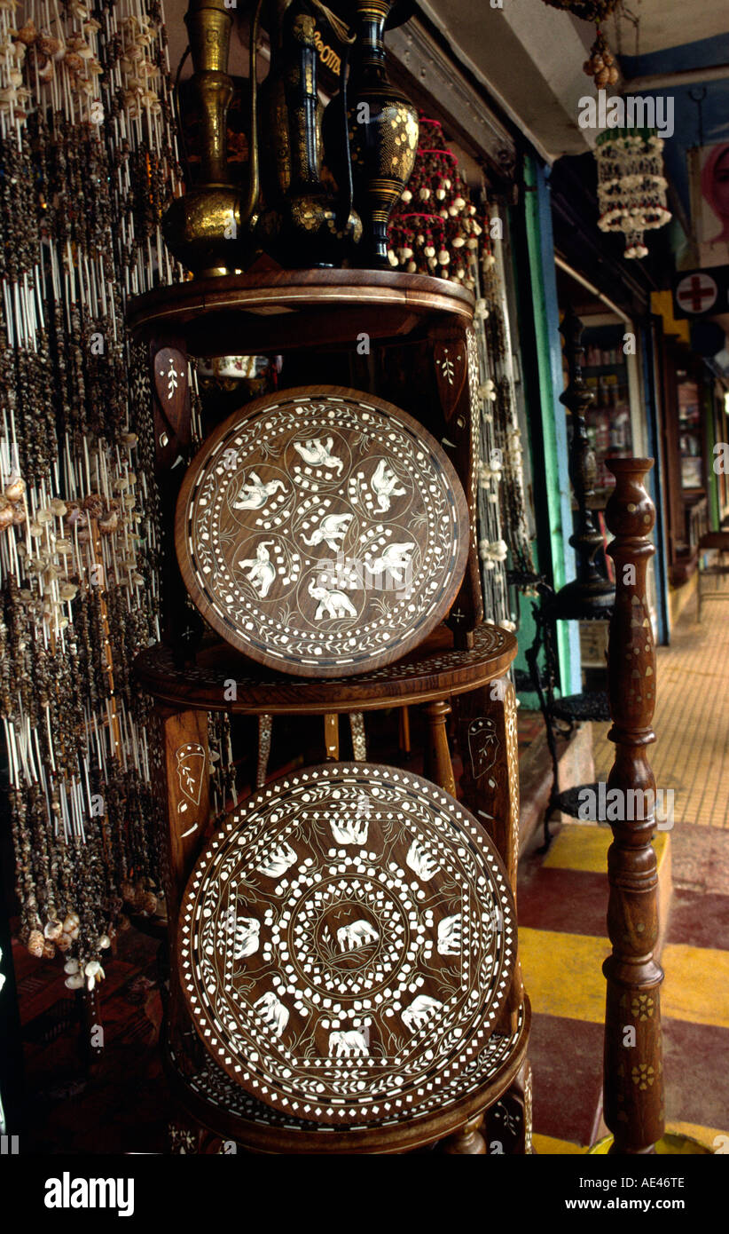 India Goa Margao crafts inlaid wooden tables on show Stock Photo - Alamy