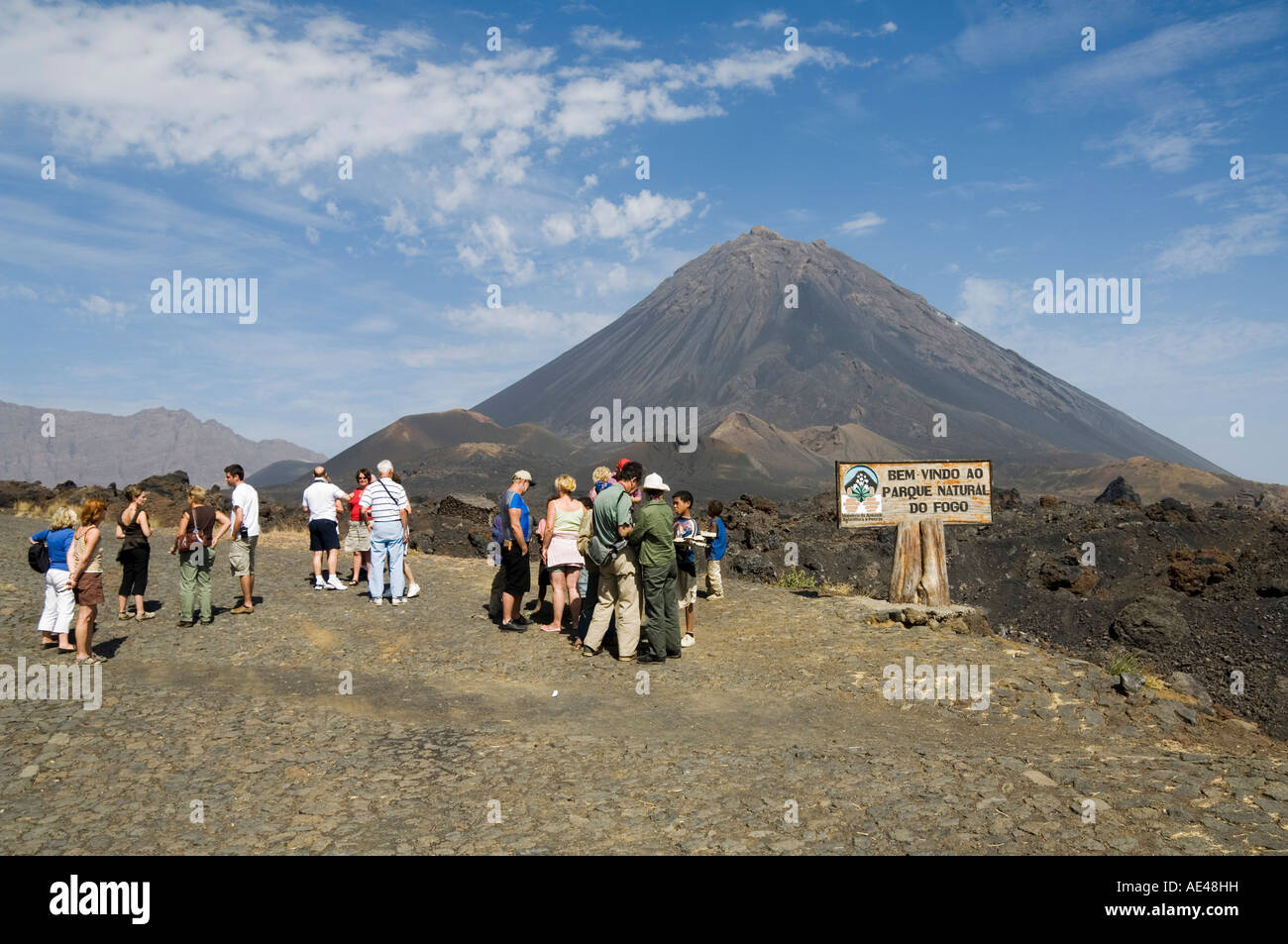 Tourists and the volcano of Pico de Fogo in the background, Fogo (Fire ...