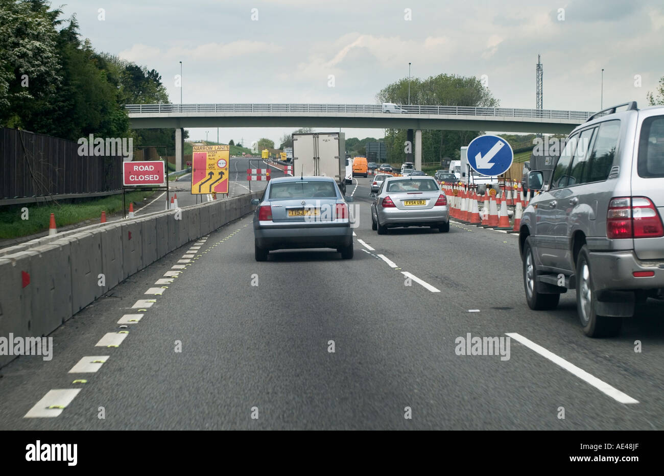Drivers eye view of the busy A1 road driving through roadworks in the ...