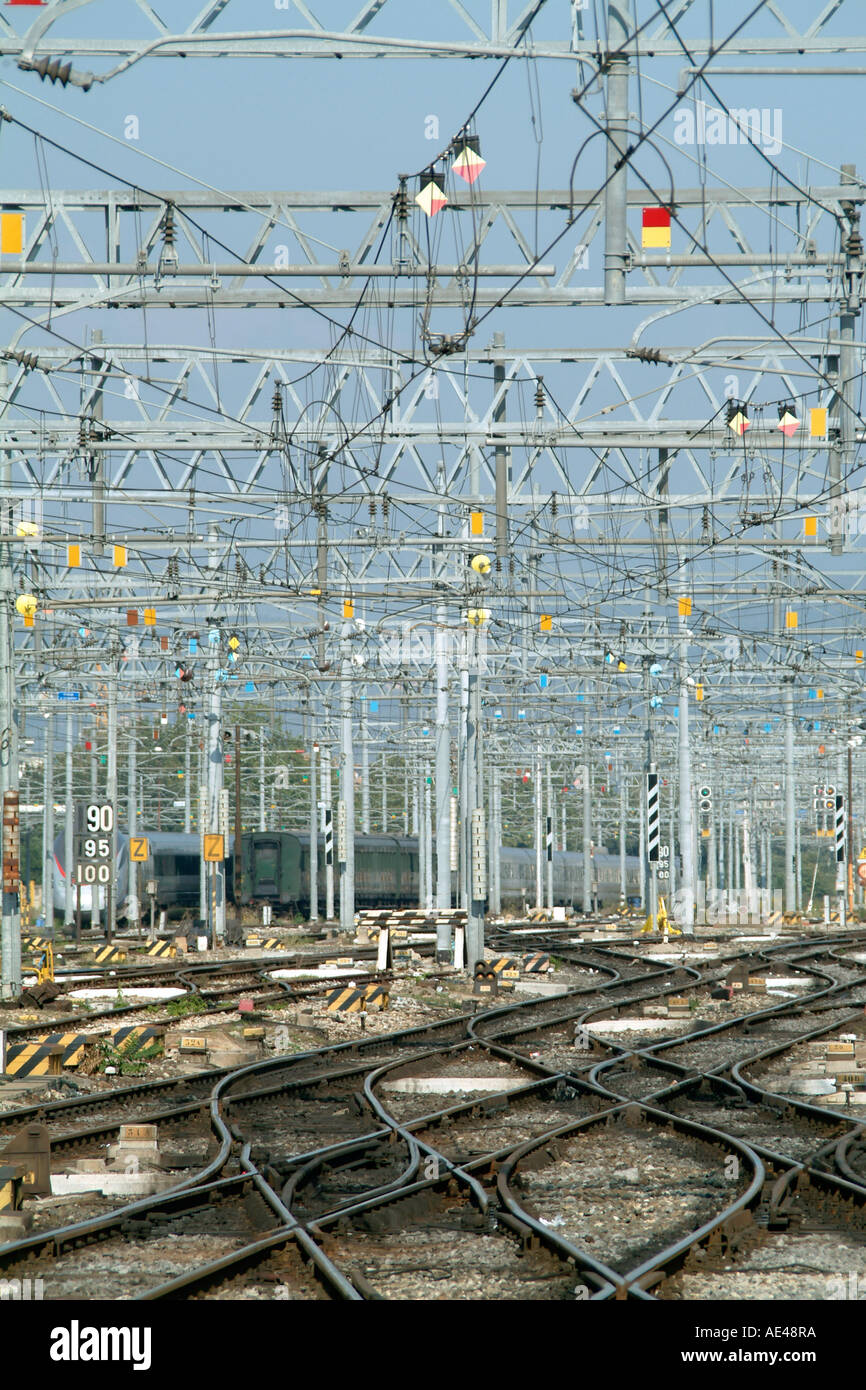 Railway track and electrification catenary showing infrastructure on ...