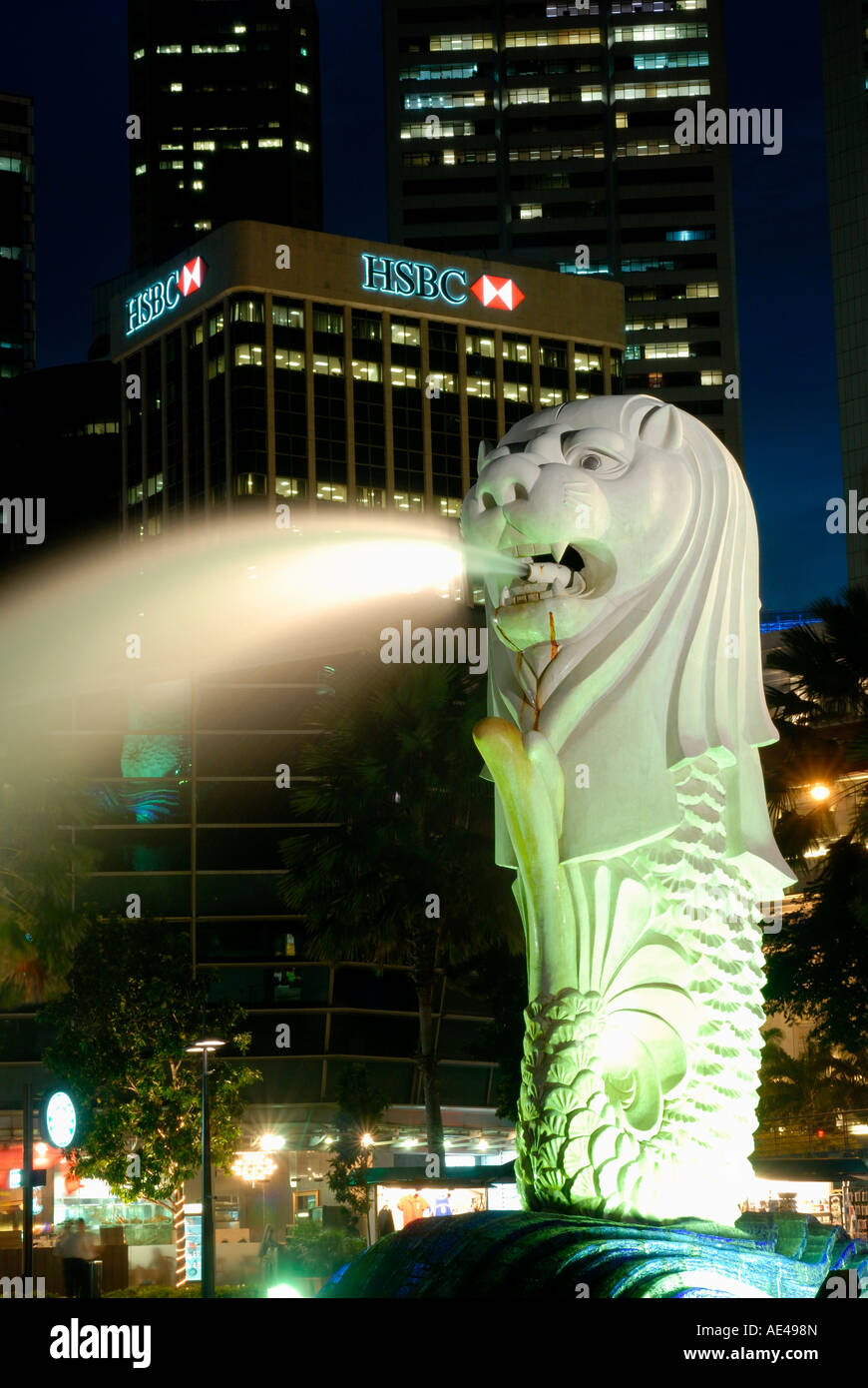 Merlion fountain with statue of half lion and fish, that has become a ...