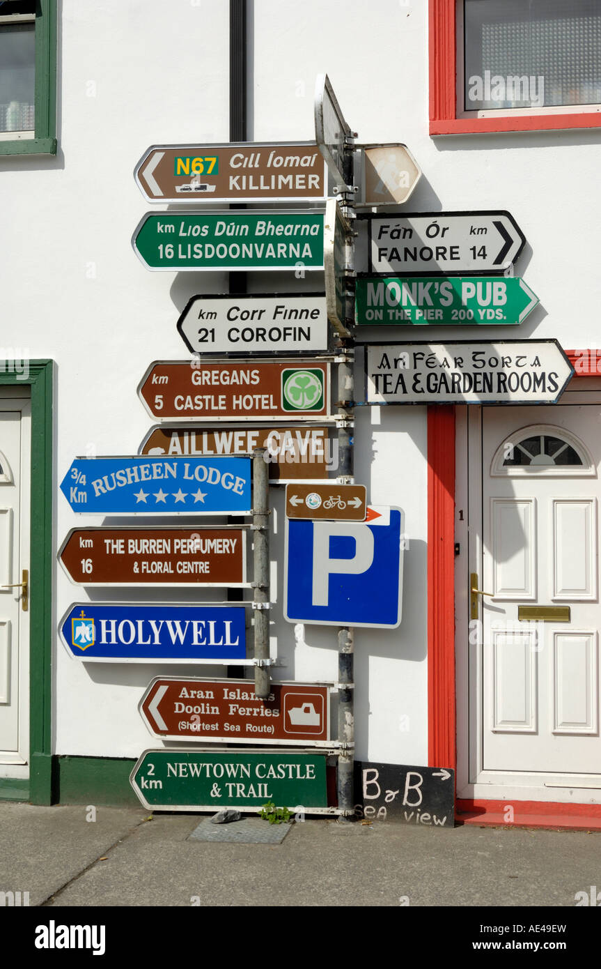 Profusion of road signs, Ballyvaughan, County Clare, Munster, Republic ...