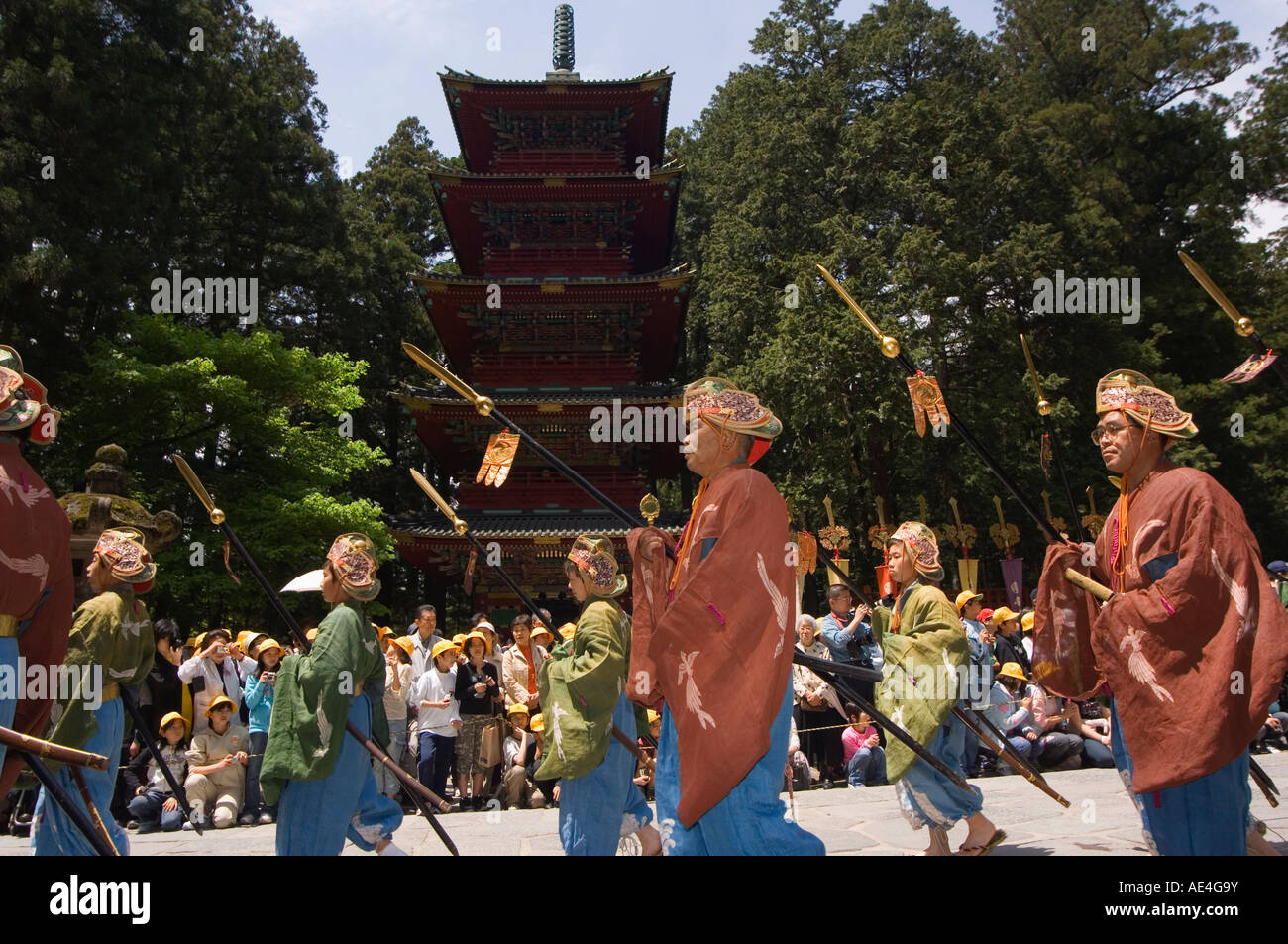 Parade of Nikko Spring Festival, five storey pagoda at Toshogu Shrine ...
