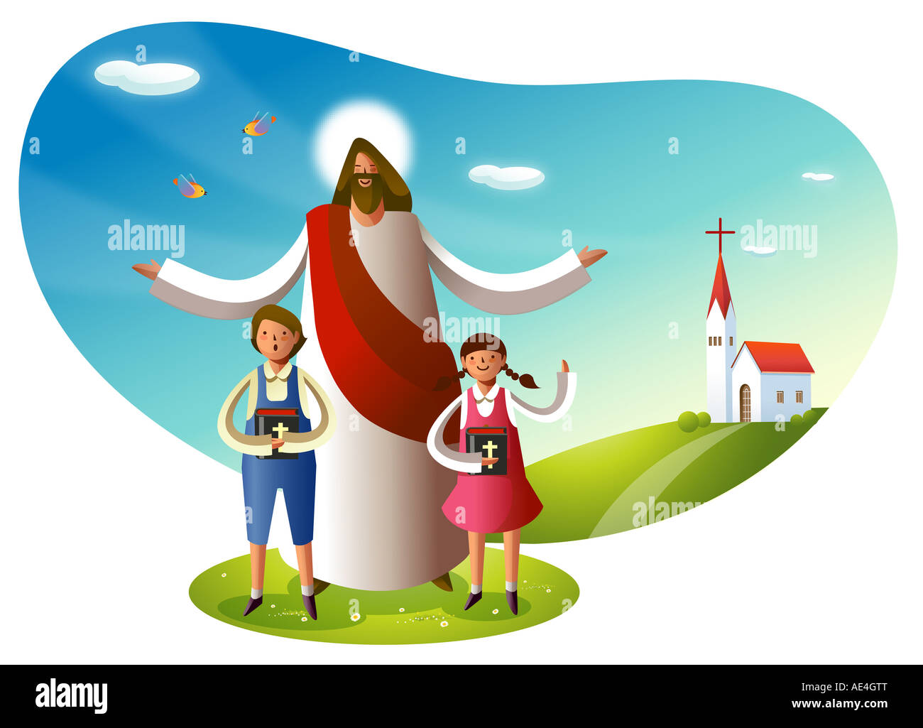 Jesus Christ standing with two children Stock Photo - Alamy
