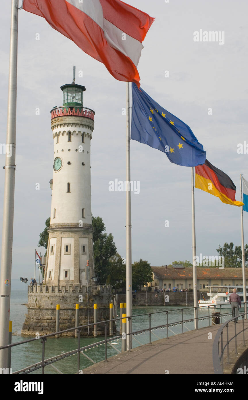 Harbour lighthouse and lion, Austrian German and EU flags, Lindau ...