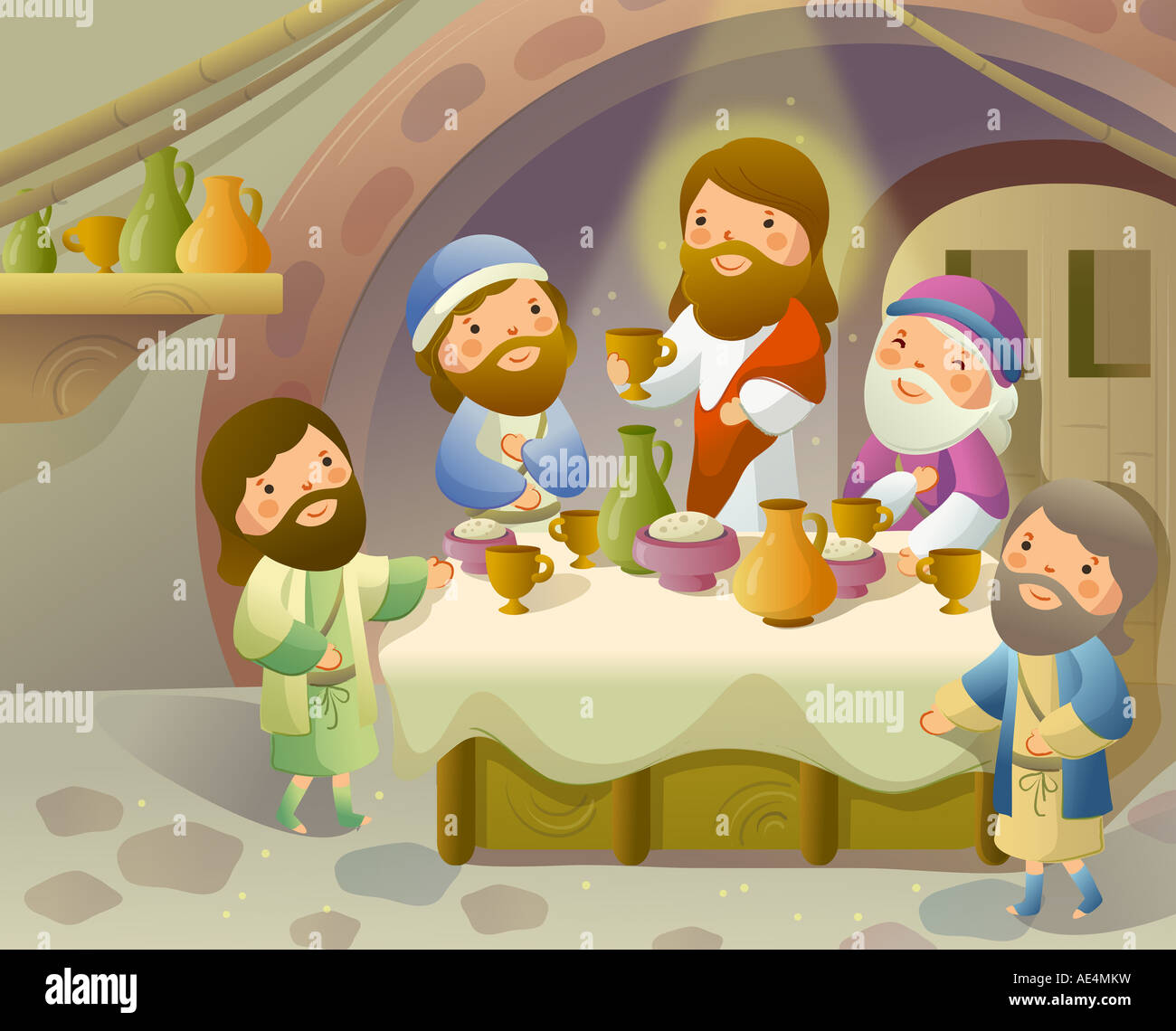 Jesus Christ with four men having food Stock Photo - Alamy
