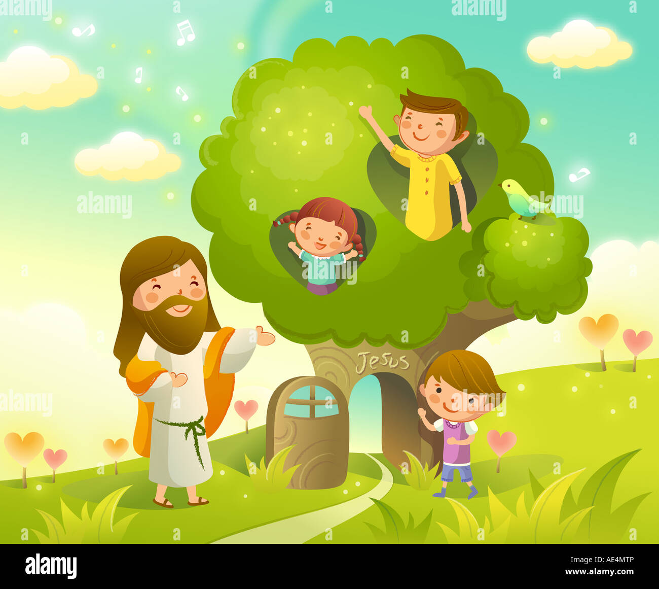 Man and his two children standing with Jesus Christ Stock Photo - Alamy