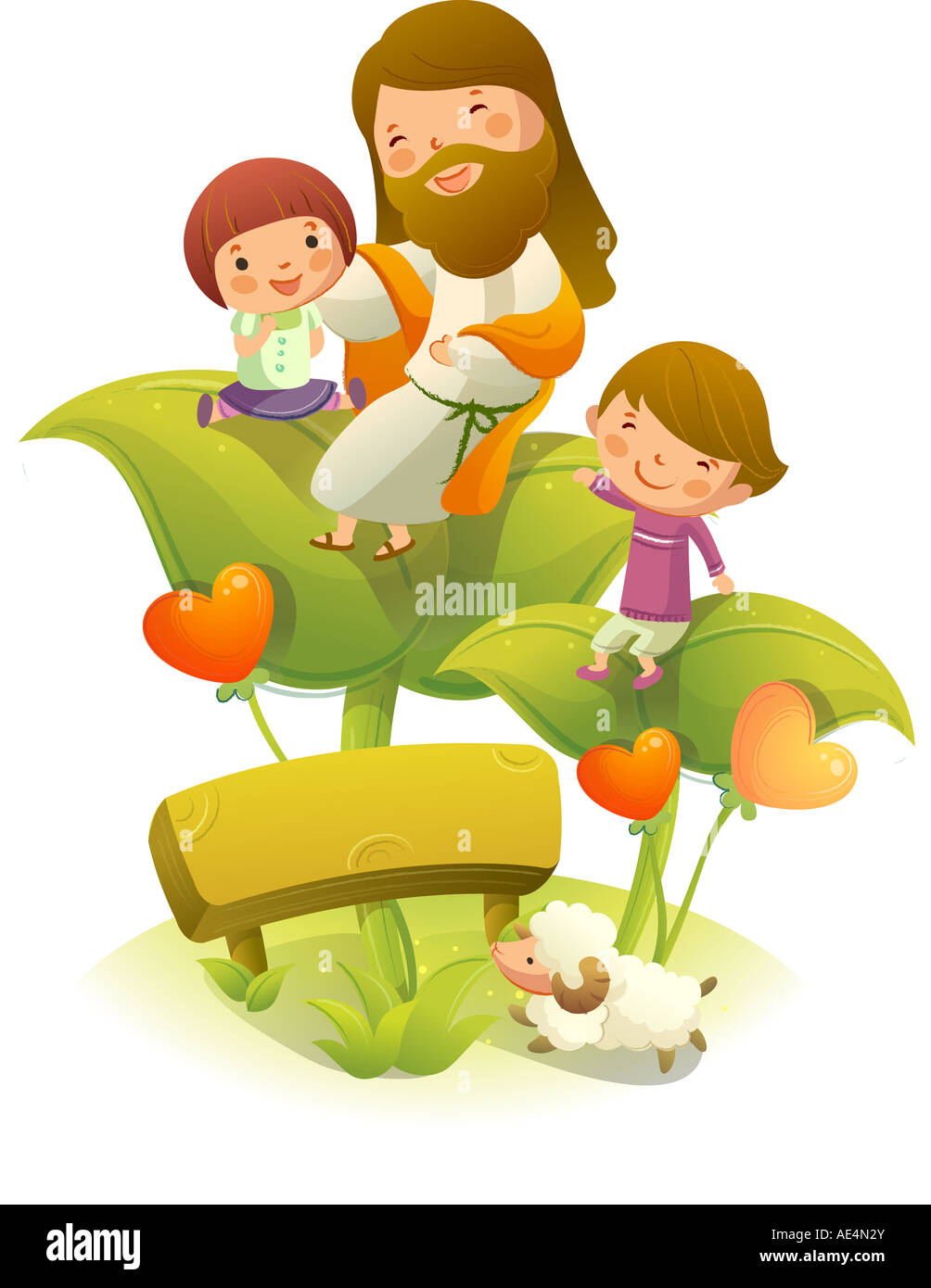 Jesus Christ sitting on a plant with two children Stock Photo - Alamy