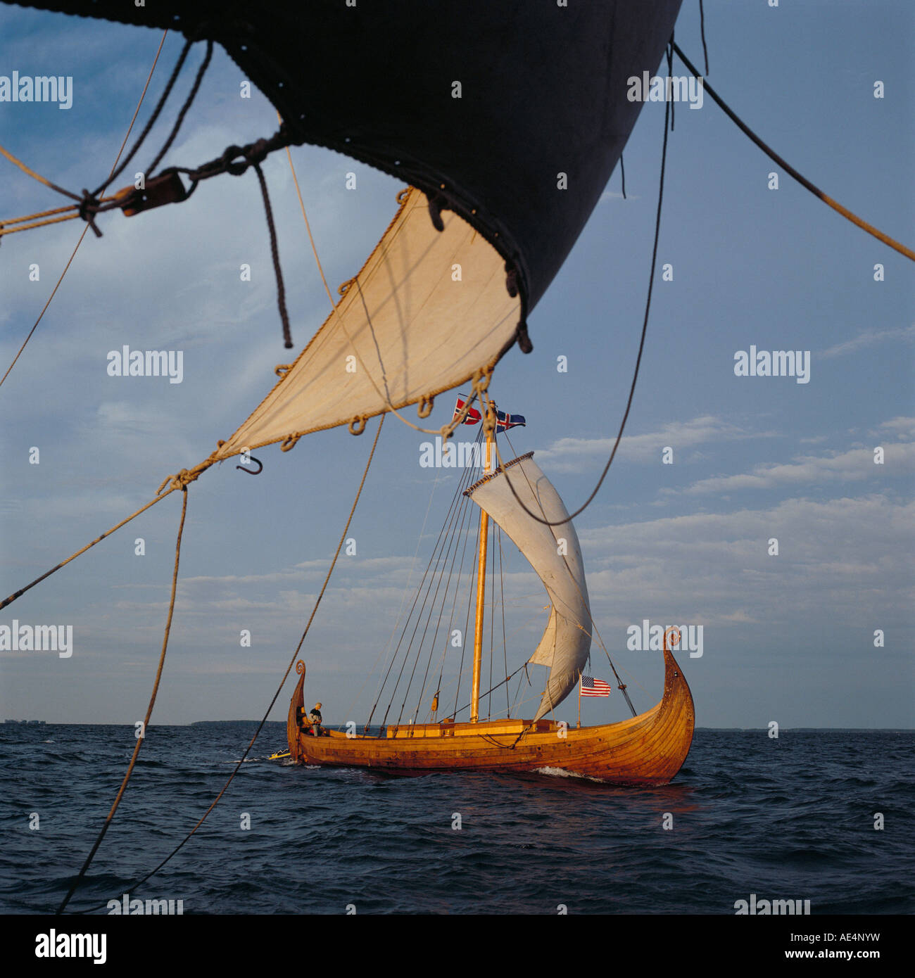 View from Gaia of replica Viking ship Oseberg, Chesapeake Bay, United ...