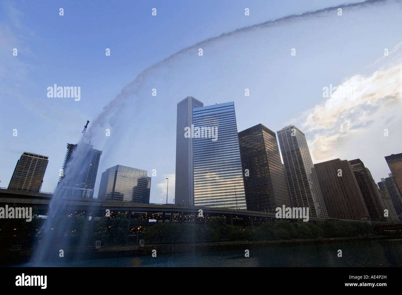 Chicago Centennial Fountain seen from the river with skyscraper ...