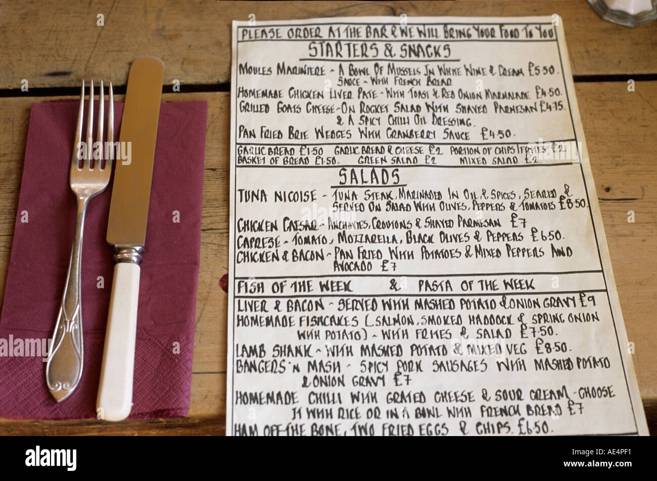 menu and place setting pub london Stock Photo - Alamy
