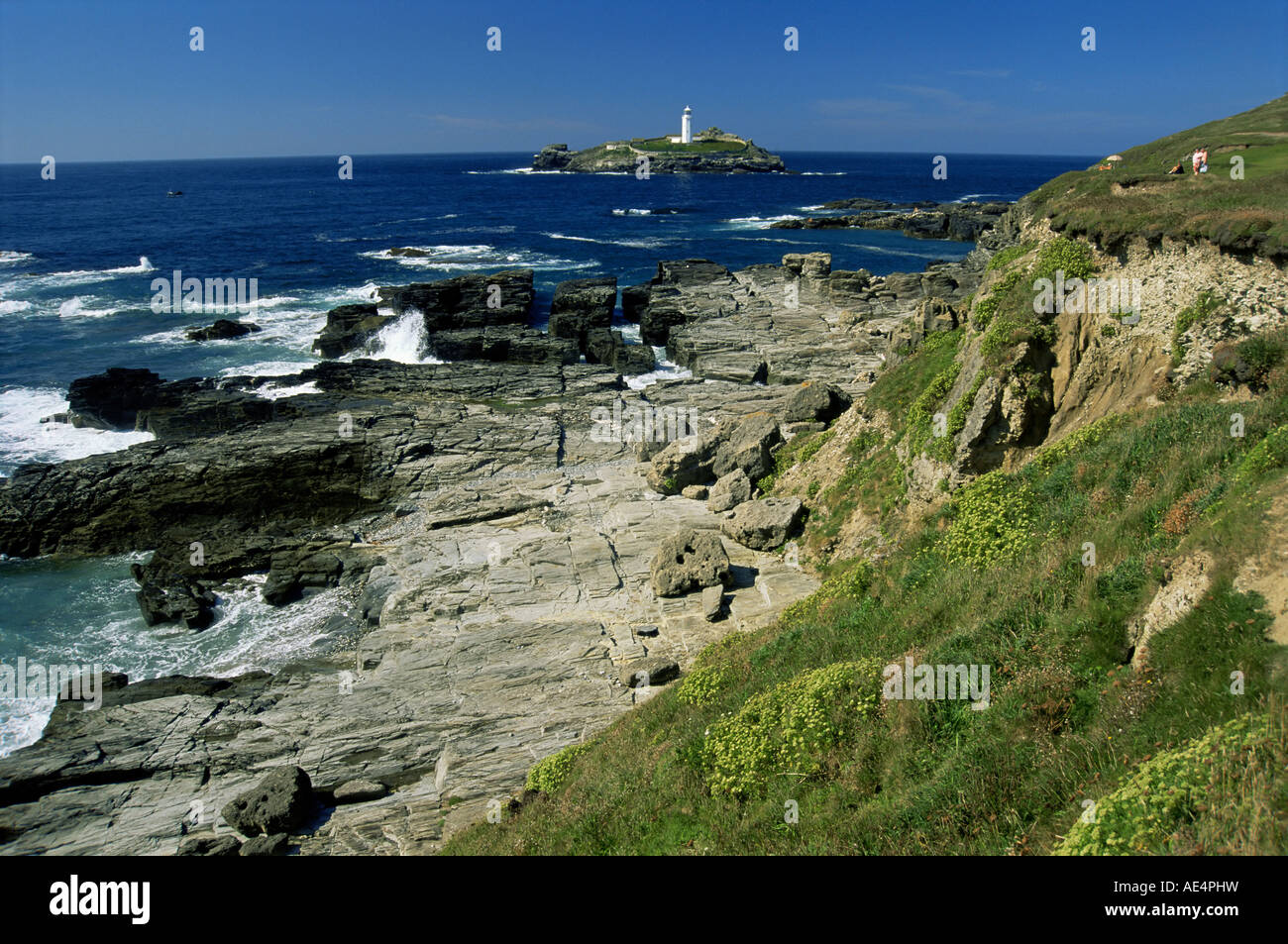 Godrevy Island lighthouse, near St. Ives, north coast, Cornwall ...