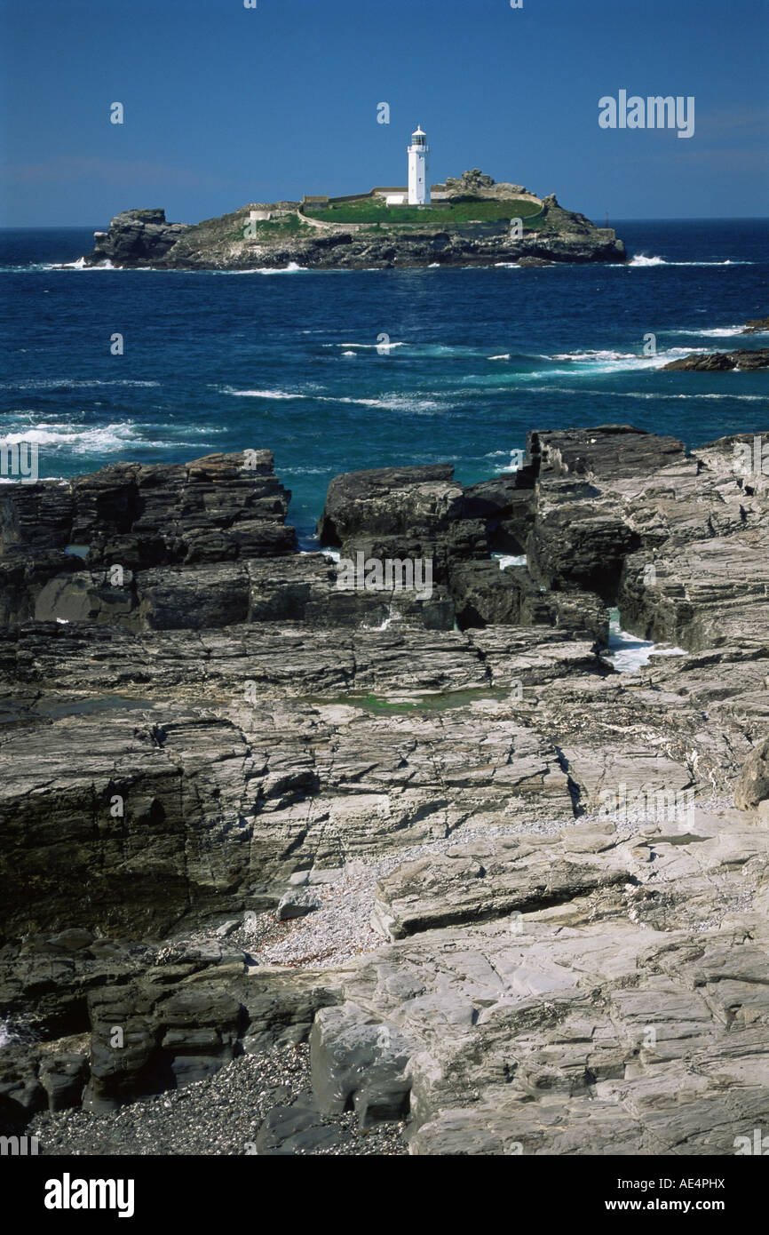Godrevy Island lighthouse, near St. Ives, north coast, Cornwall ...