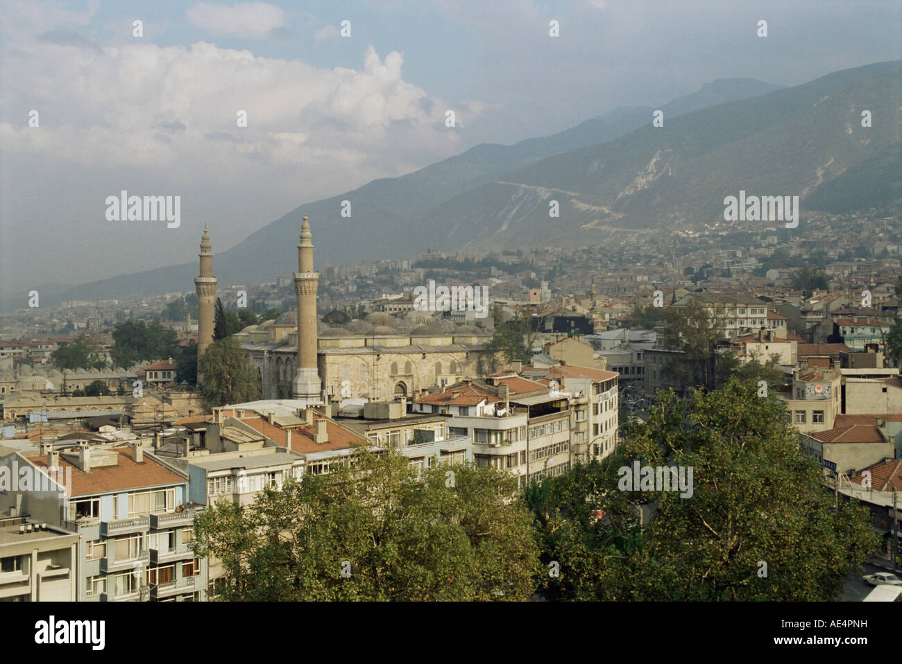 City view with Grand Mosque, and Mount Olympus in background, Bursa ...