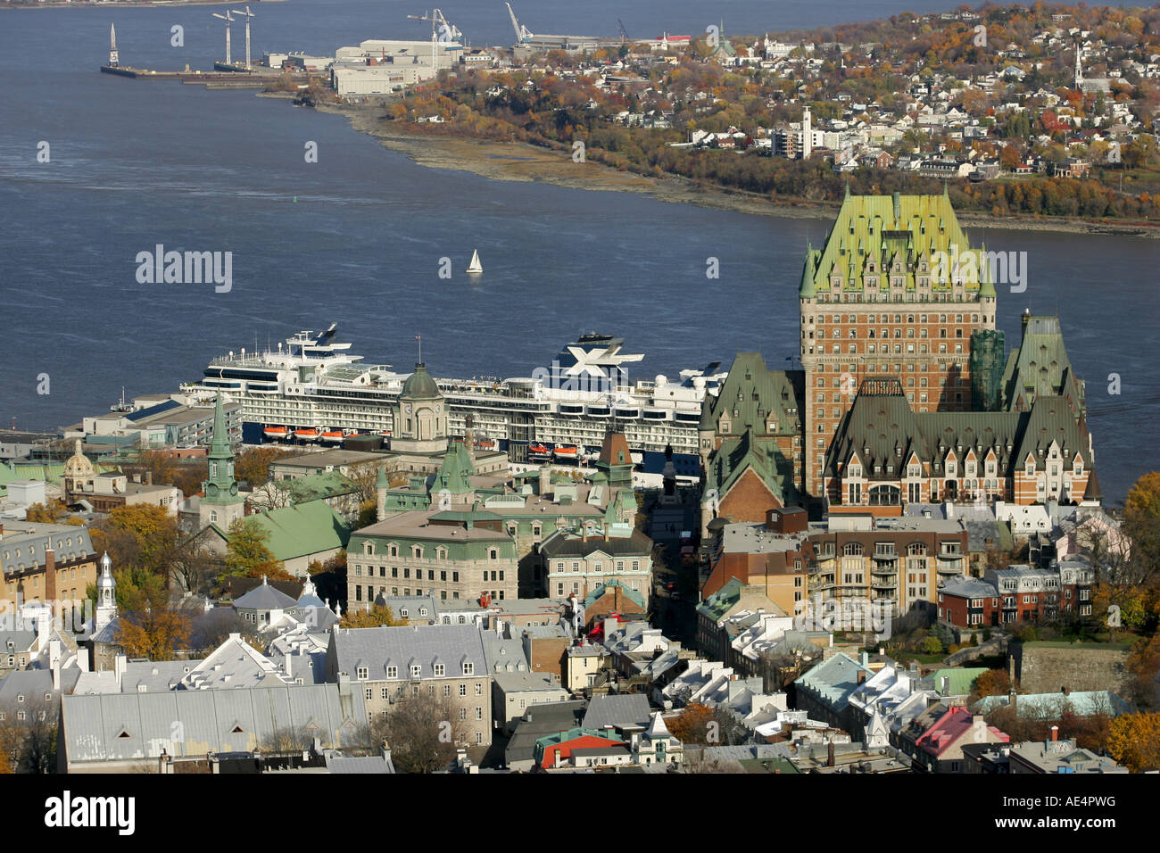 Aerial view of Old Quebec and the Hotel Chateau Frontenac in Quebec ...