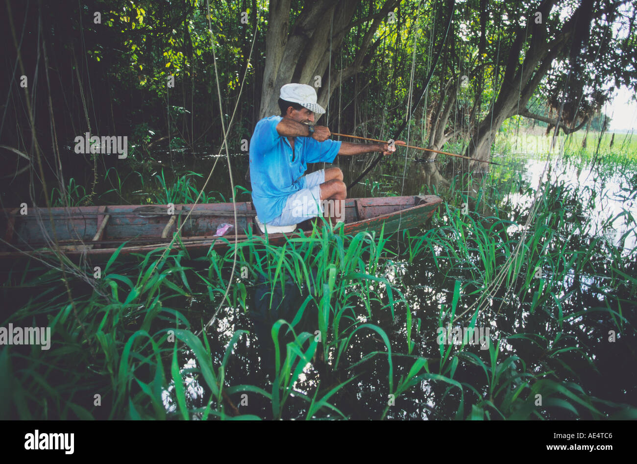 An Amazonian fisherman in the Varzea (Flooded Forest) using a bow and ...
