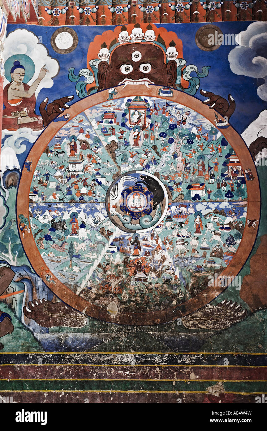 Wheel of life wall art, Hemis gompa (monastery), Hemis, Ladakh, Indian ...