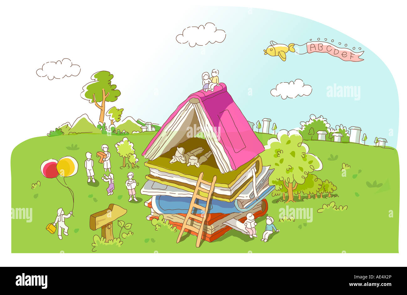 Children playing over a pile of books Stock Photo - Alamy