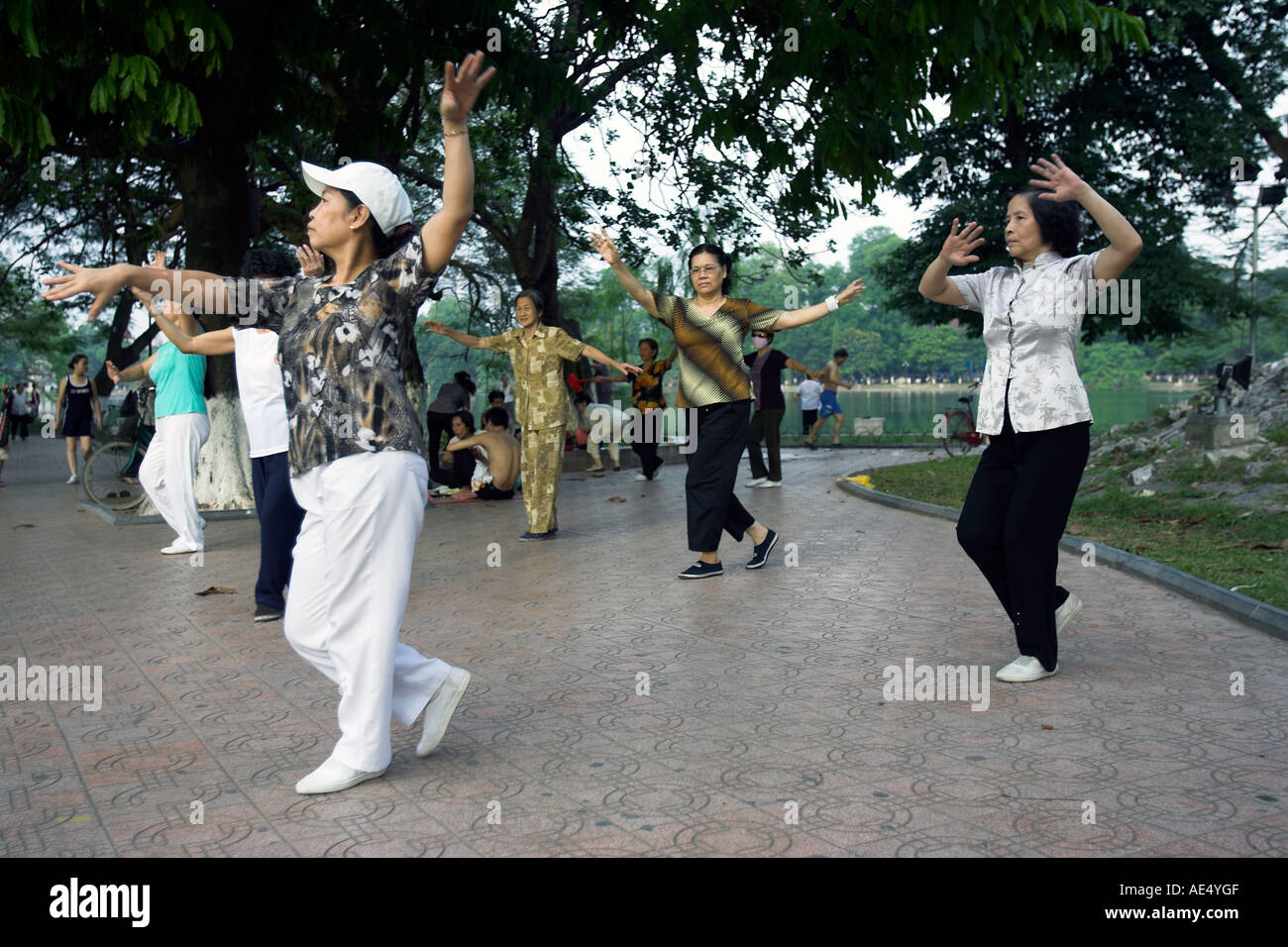 Older women practise dance steps and aerobics as others exercise round ...