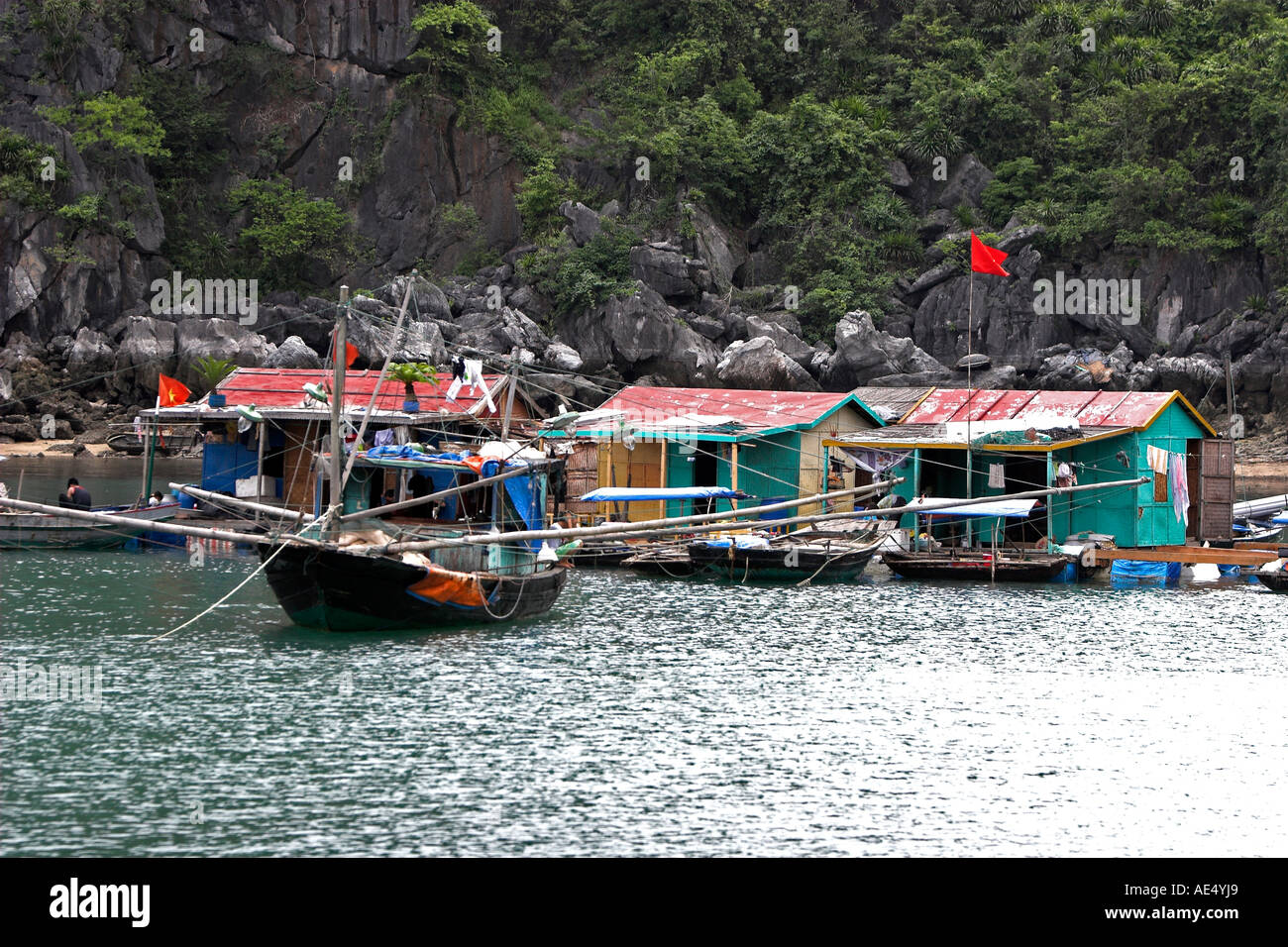 Floating fishing village and fishing boat Halong Bay Vietnam Stock ...