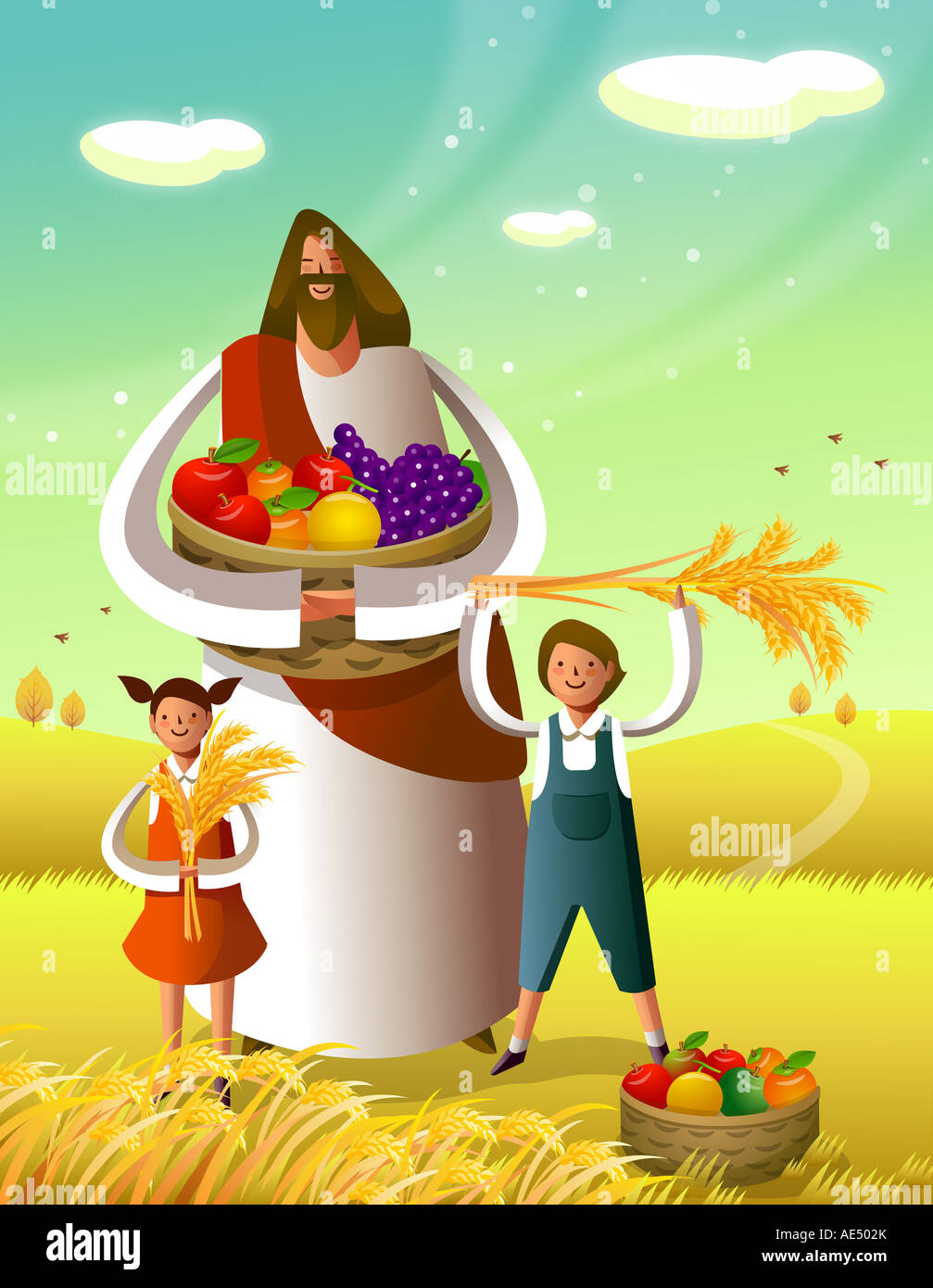 Jesus Christ holding a basket of fruits with a boy and a girl standing ...