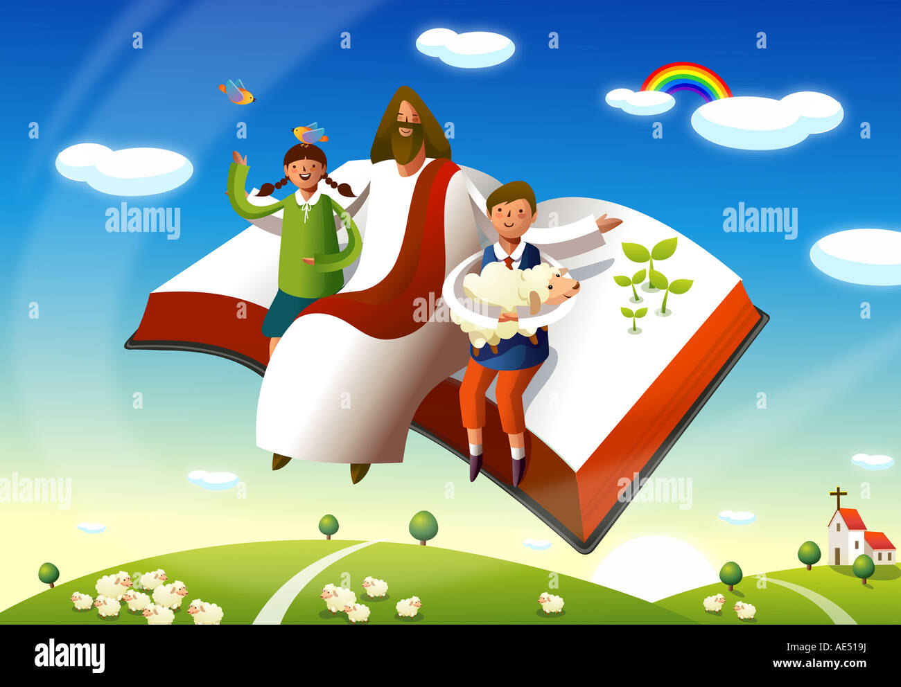 Jesus Christ with a boy and a girl sitting on a book in the sky Stock ...