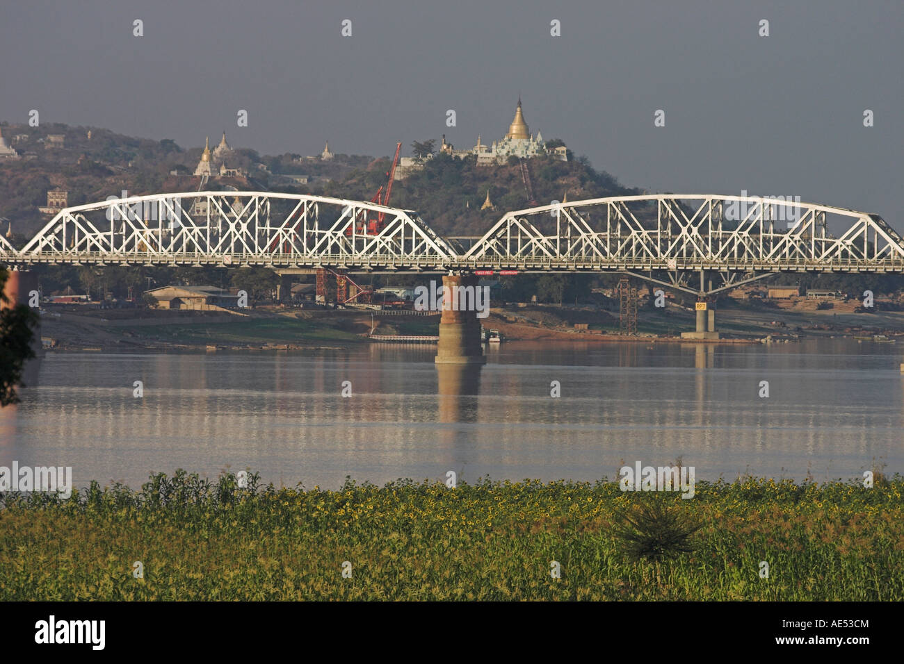 The 16 span Ava Bridge across the Ayeyarwaddy River, ancient city of ...