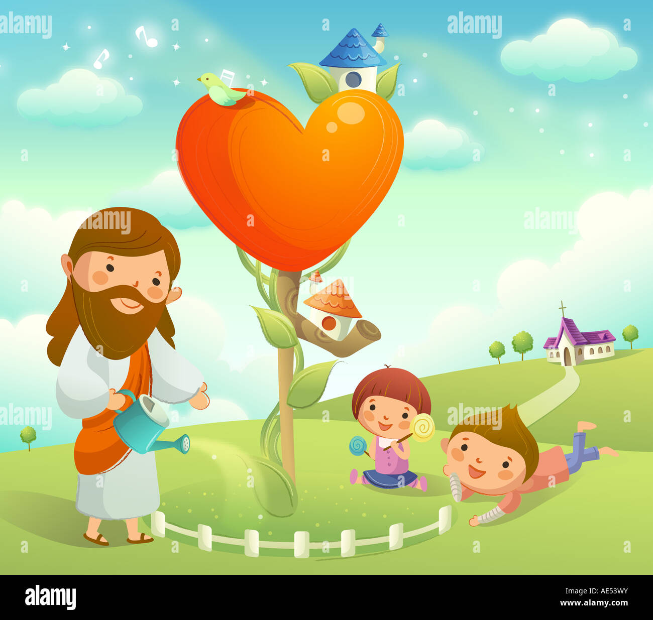 Figure of Jesus Christ watering a plant and two children playing on the ...