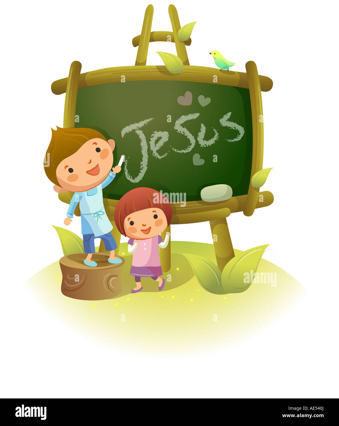 Boy writing Jesus on a blackboard Stock Photo - Alamy