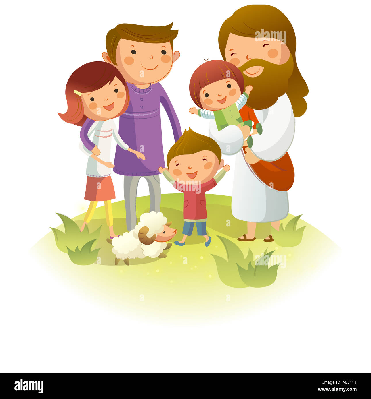 Jesus Christ standing with two generation family Stock Photo - Alamy