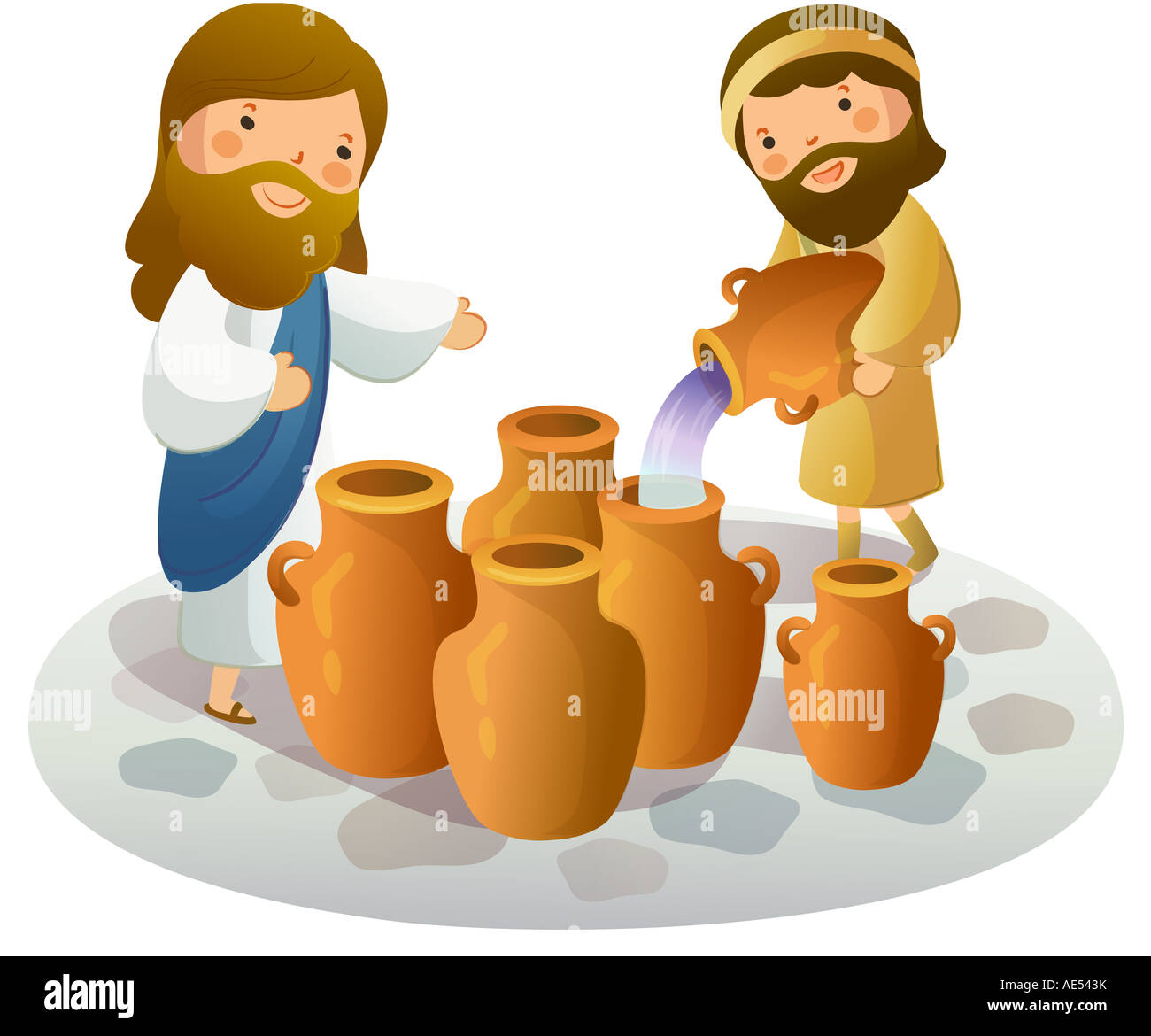 Man filling water into pottery and Jesus Christ gesturing him Stock ...