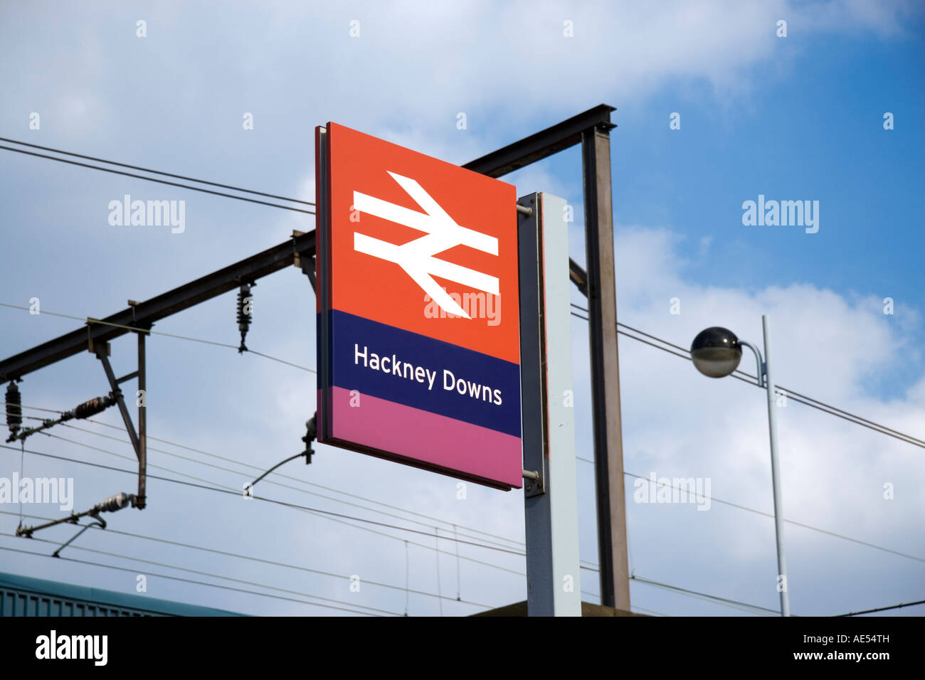 Sign with British Rail Hackney Downs overhead power lines ine the ...